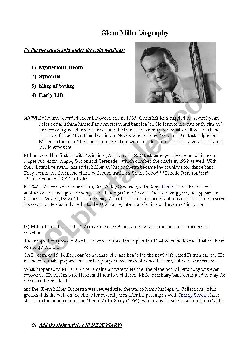 Jazz.Glenn Miller´ biography - ESL worksheet by bretagne