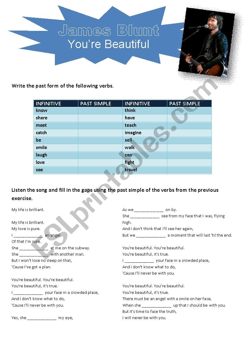 Song "You´re beautiful" by James Blunt - ESL worksheet by rosica