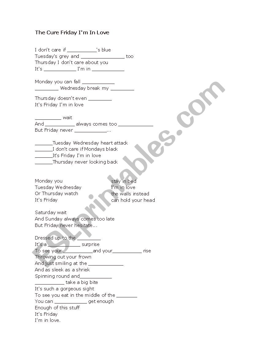 Friday I´m in love - ESL worksheet by andyscali