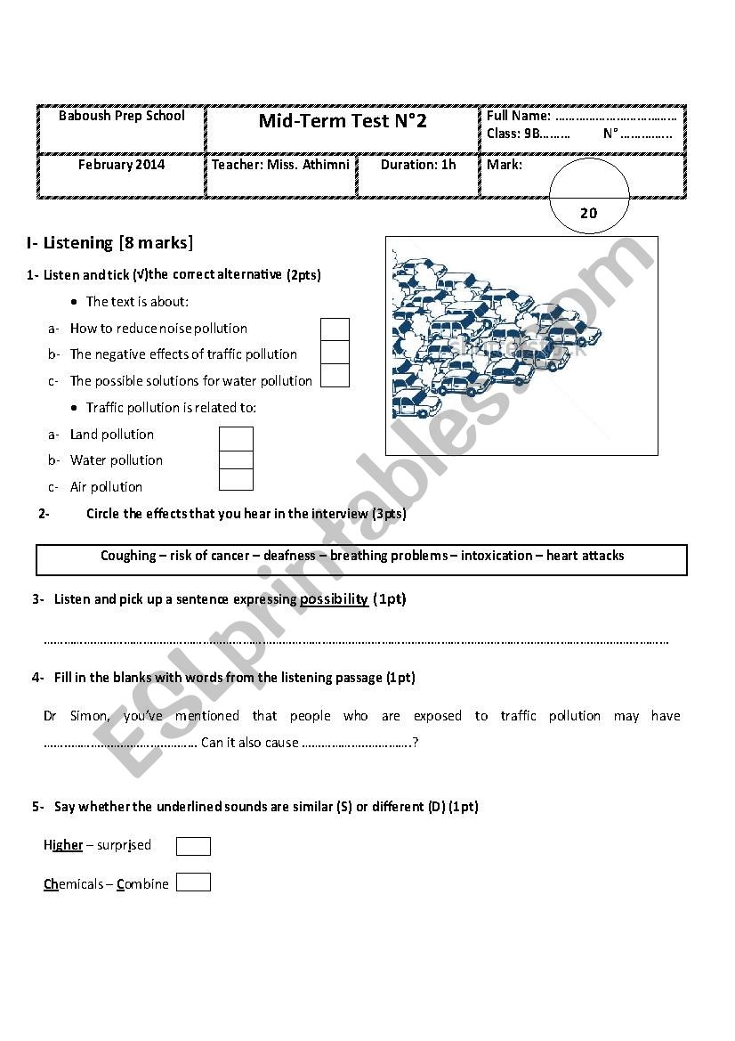 Mid-Term Test n°2 (9th grade) - ESL worksheet by AtKa