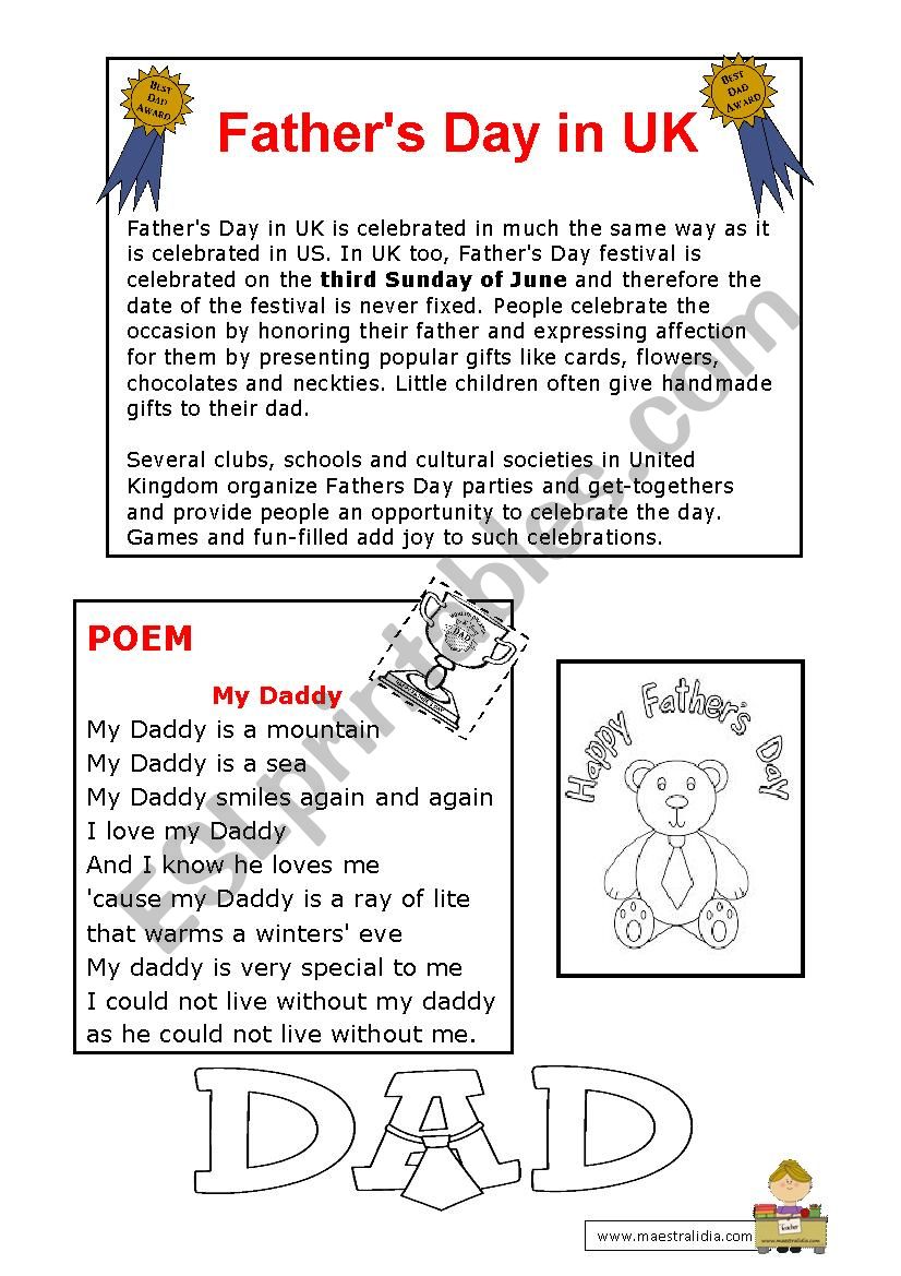 father´s day traditions and a poem - ESL worksheet by maestralidia