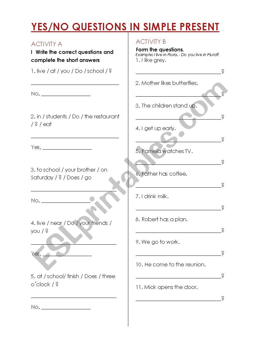 Yes/No questions in simple present - ESL worksheet by Alejandra Verde Yes/No questions in simple present - ESL worksheet by Alejandra Verde