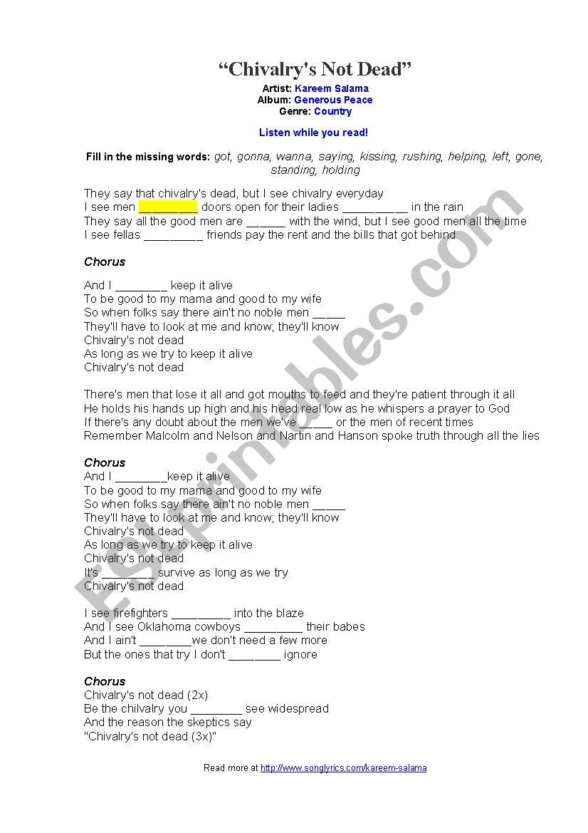 Kareem Salama “Chivalry´s Not Dead” Lyrics - ESL worksheet by aslan_arslan