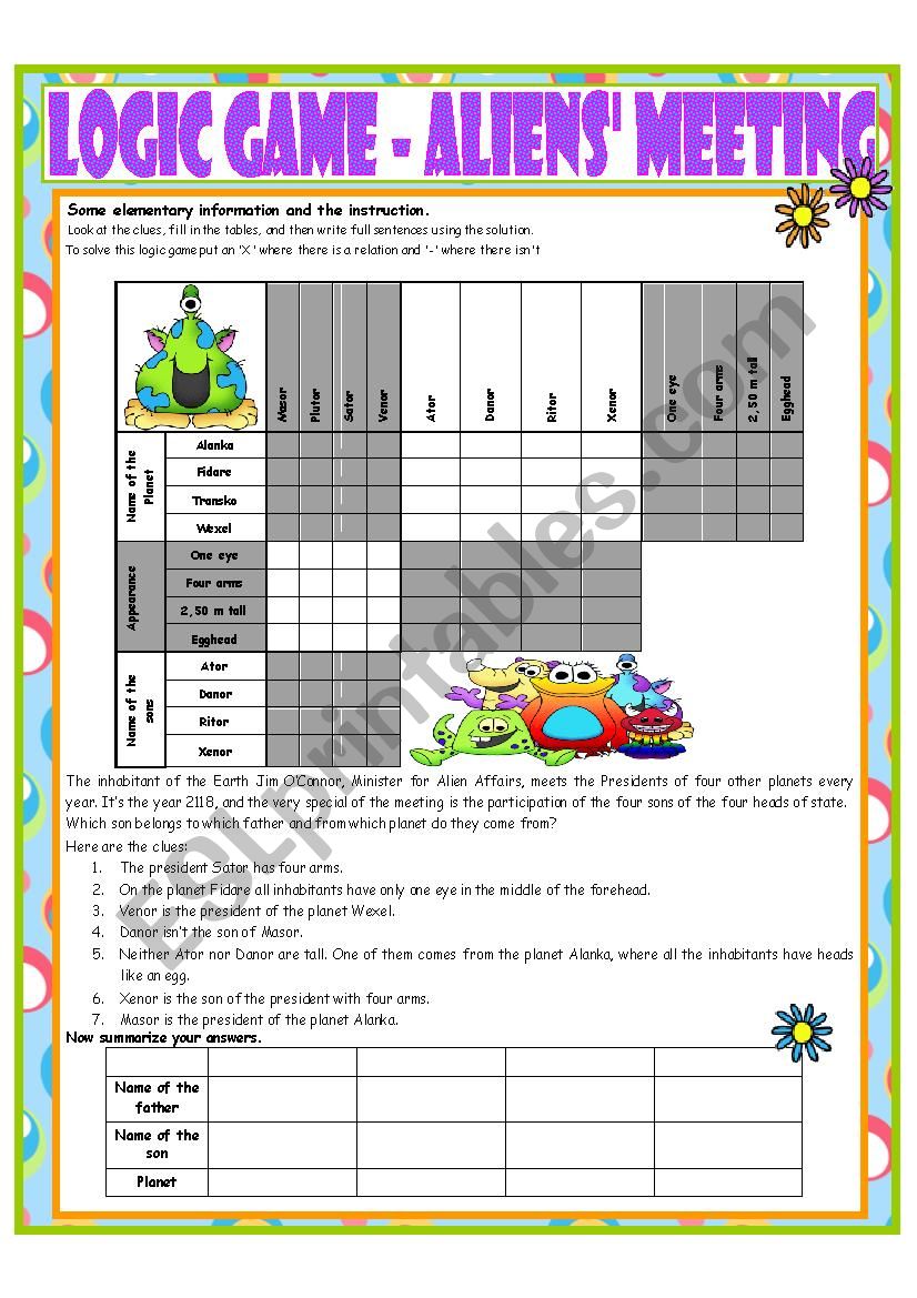 Logic Game No. 15 - Aliens´ Meeting - ESL worksheet by Krümel