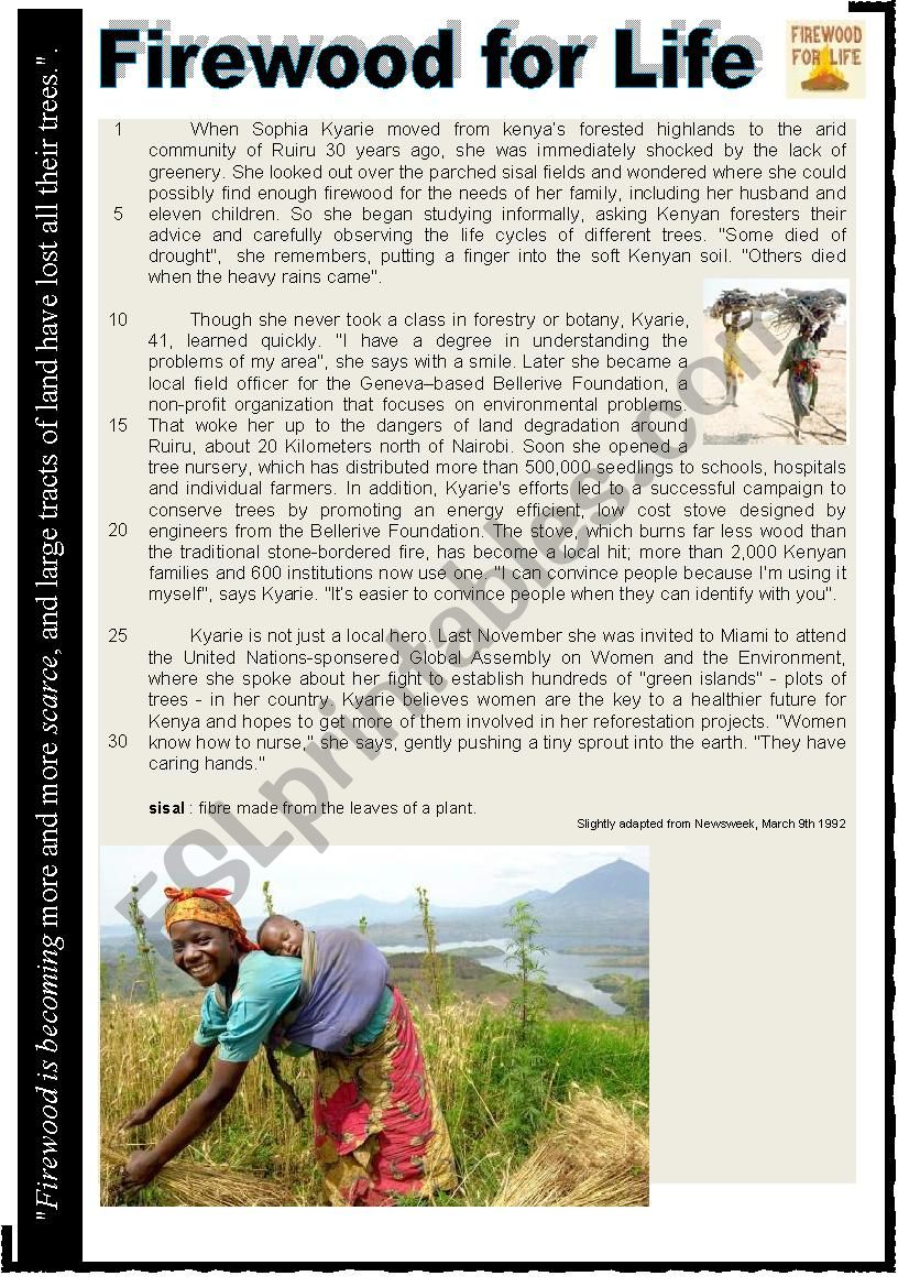 FIREWOOD FOR LIFE (Reading) + varied comprehension ex + Key and teacher ...