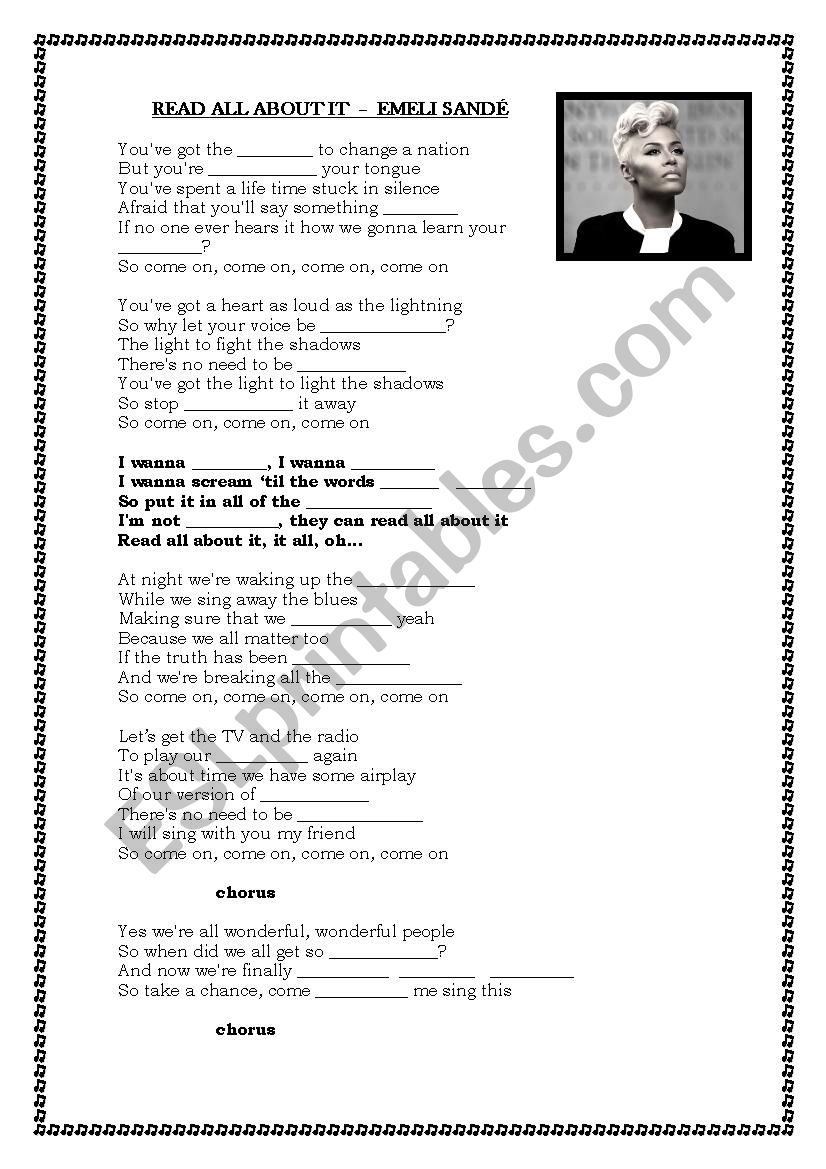 Song Read all about it - Emeli Sandé - ESL worksheet by altitania