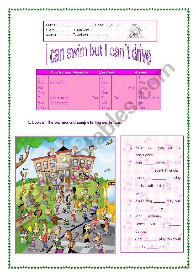 I can swim but I can´t drive - ESL worksheet by vanda51