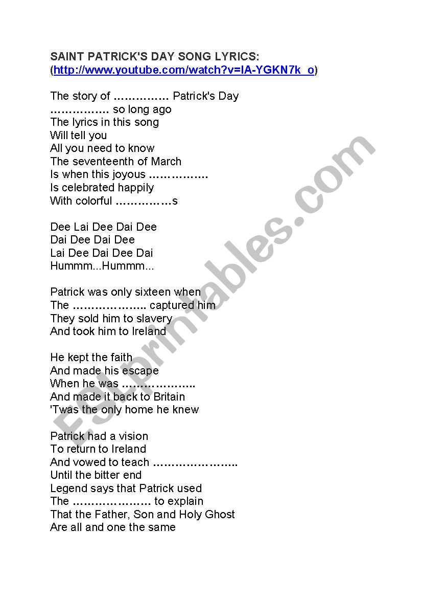 A song for Saint Patrick´s day - ESL worksheet by otrebusia