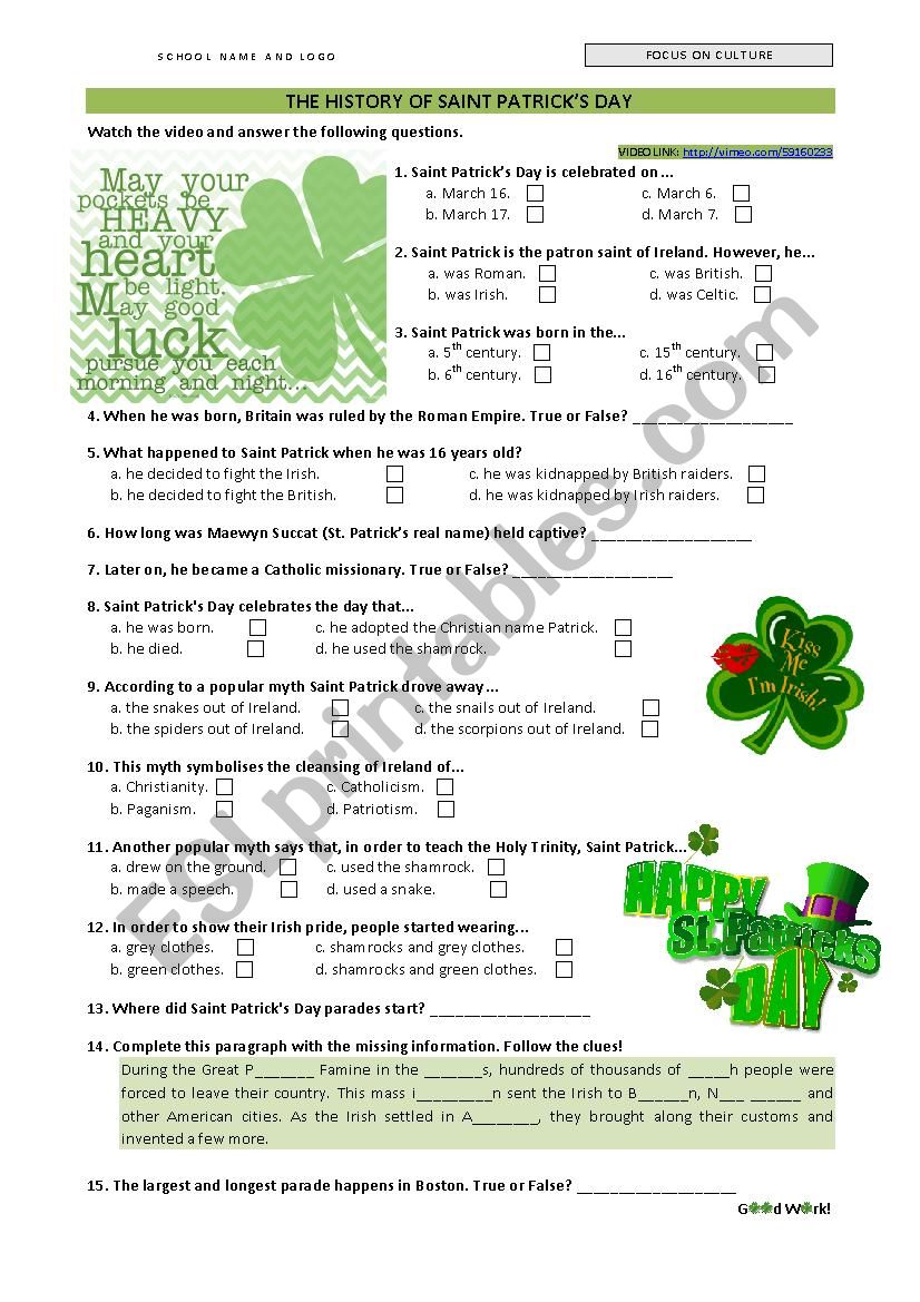THE HISTORY OF SAINT PATRICK’S DAY - video activity - ESL worksheet by pmca