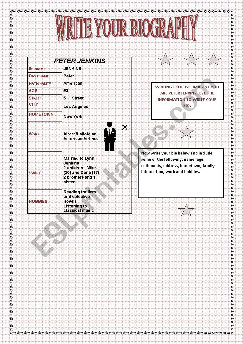 WRITE YOUR BIO OR SOMEONE ELSE´S BIO - ESL worksheet by flo84