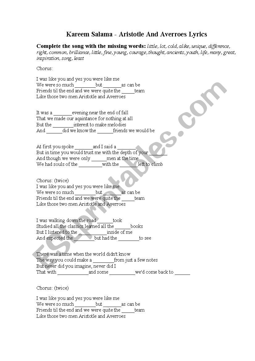 Kareem Salama “Aristotle and Averroes” Lyrics - ESL worksheet by aslan ...
