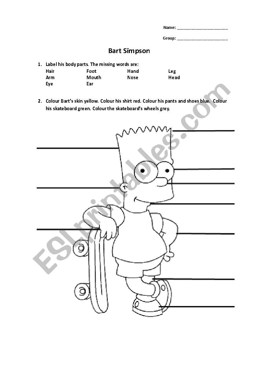 Bart Simpson Parts of the body and colors - ESL worksheet by mariovial