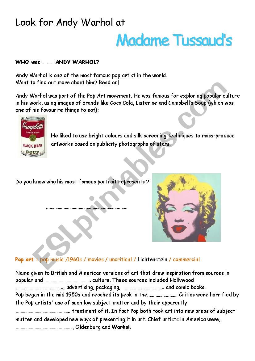 Andy Warhol at Madame Tussaud´s - ESL worksheet by isabellep