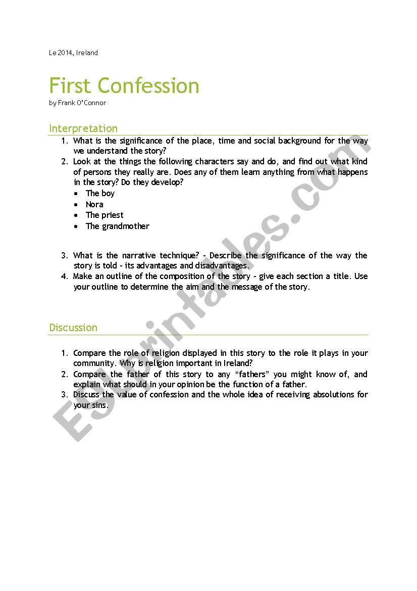 Frank O´Connor "First Confession" - ESL worksheet by Lea.MG