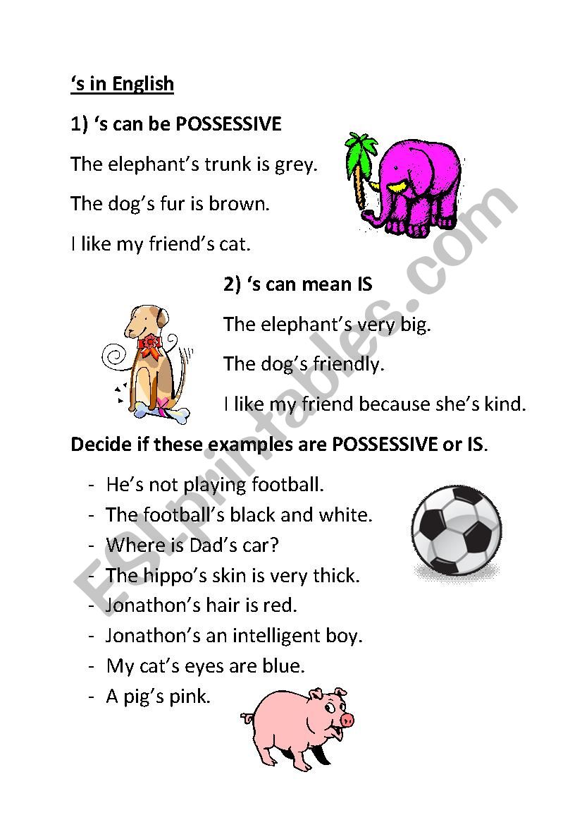 Use of Â´s for possessive and for "is" - ESL worksheet by FrauSue