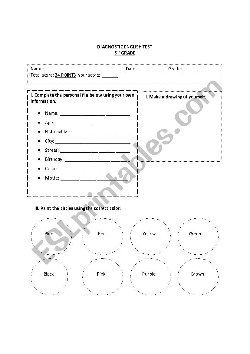 diagnostic test 5° grade - ESL worksheet by ranita23