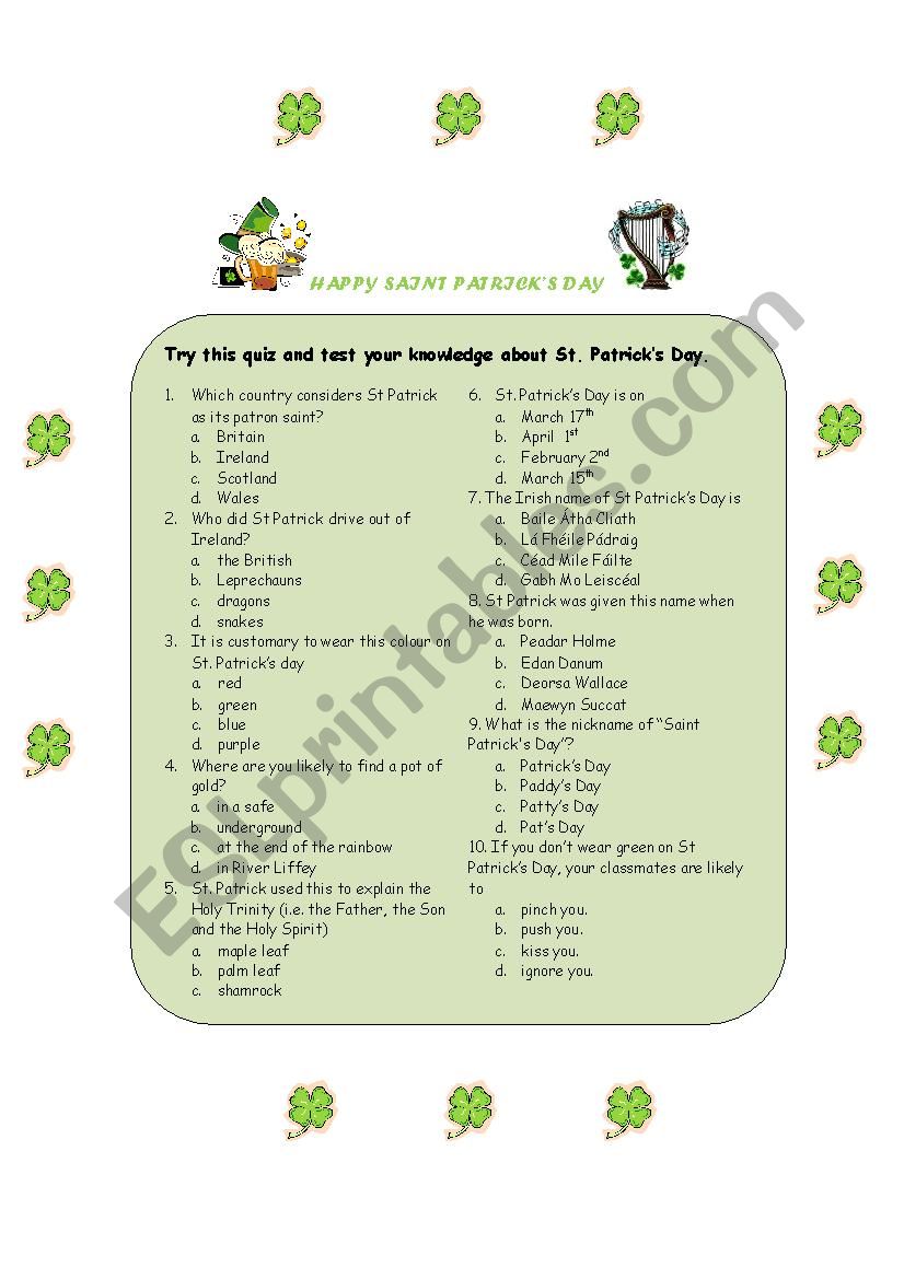 St. Patrick´s Day - ESL worksheet by Poppymara