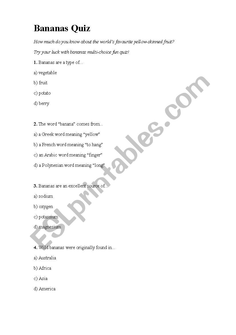 Banana´s quiz - ESL worksheet by helen23