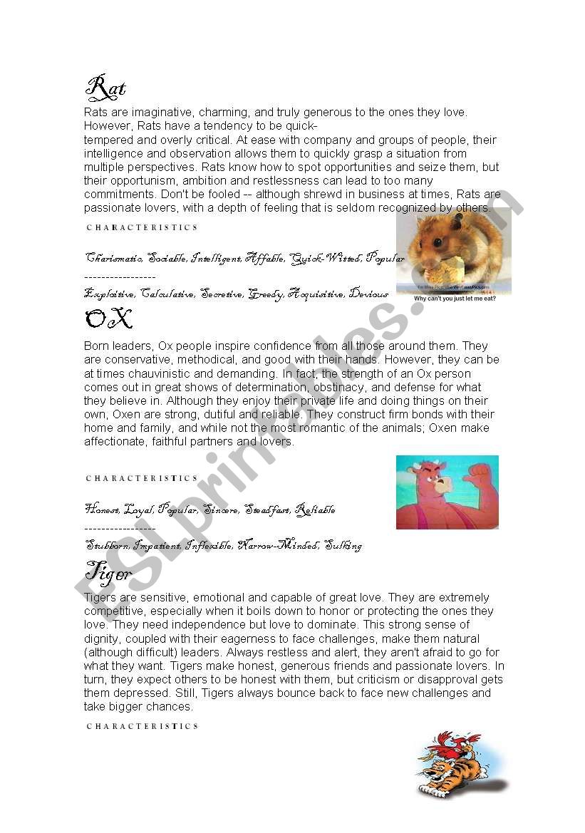 Chisese Horoscope and People`s Personality 1 - ESL worksheet by anancy