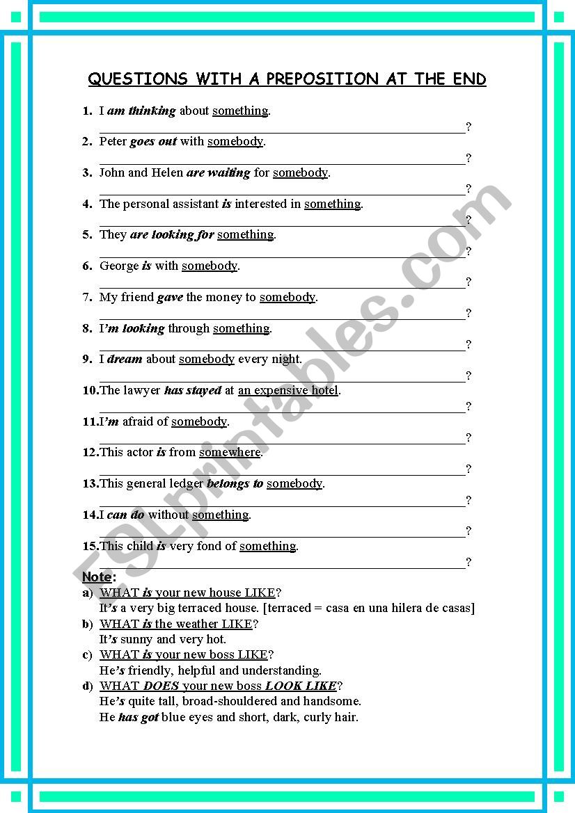 Questions With Prepositions At The End Exercises Pdf - Exercise Poster Questions With Prepositions At The End Exercises Pdf - Exercise Poster