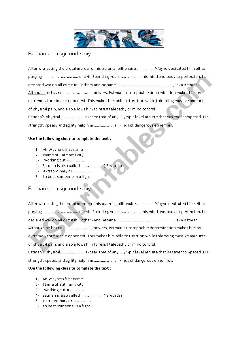 Batman´s Background story - ESL worksheet by Alice Dellenbach