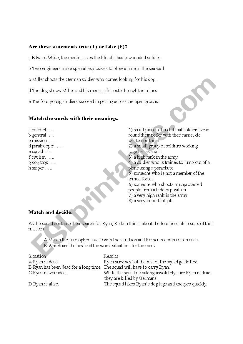 Saving Private Ryan Worksheet