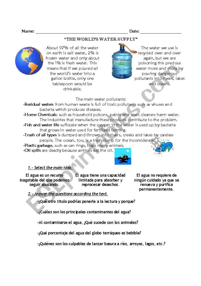 THE WORLD’S WATER SUPPLY - ESL worksheet by Jessica87