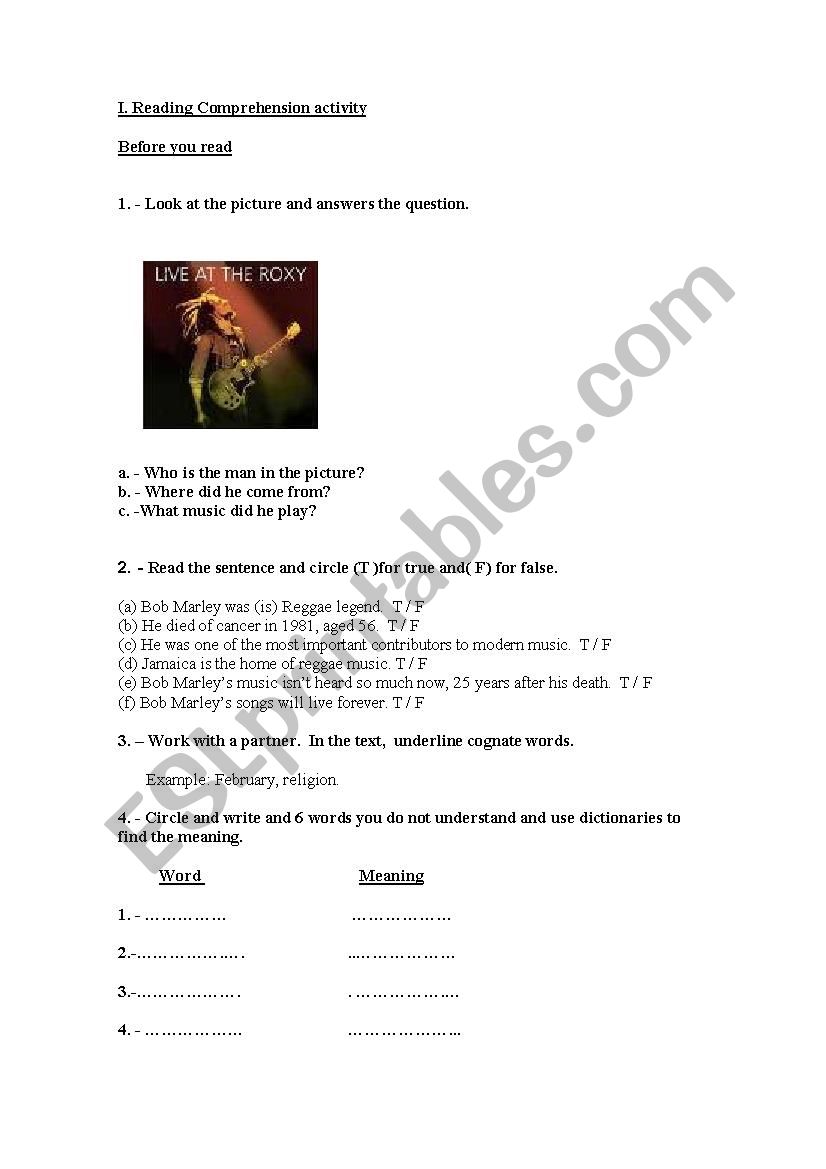 Bob Marley`s biography - ESL worksheet by yoyita
