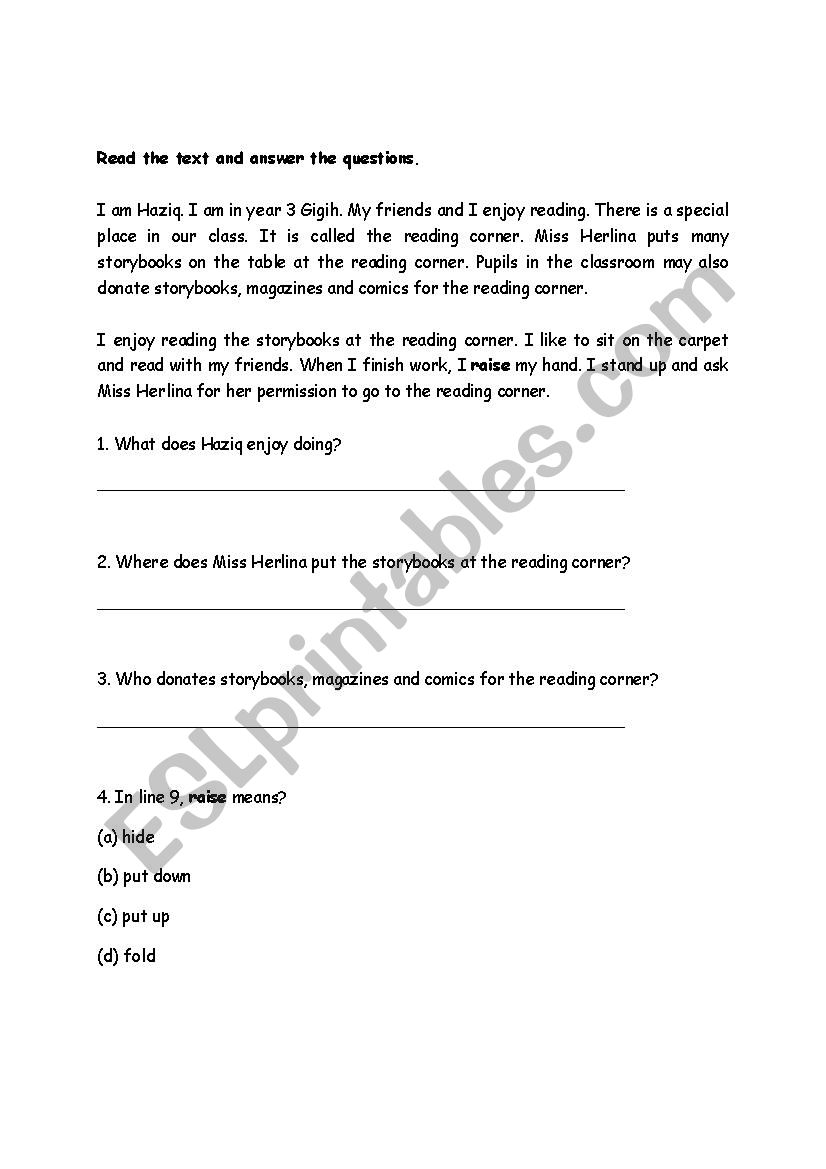 Haziq´s Reading Corner - ESL worksheet by alia221090