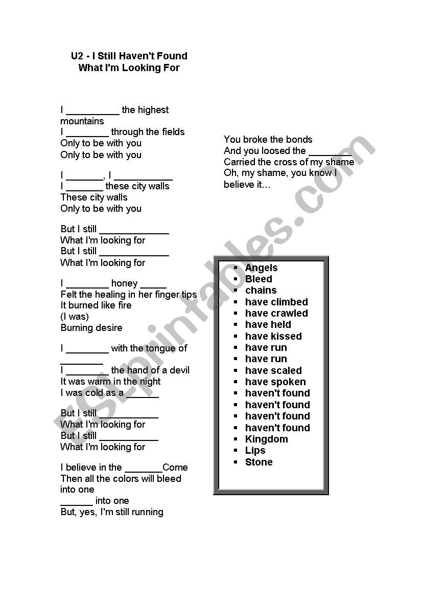 Song - Worksheet (Present Perfect) - ESL worksheet by alfonsomendieta Song - Worksheet (Present Perfect) - ESL worksheet by alfonsomendieta