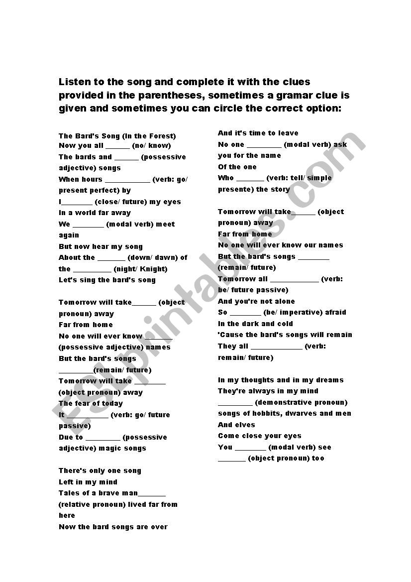 Bard´s song - ESL worksheet by cristianeresende