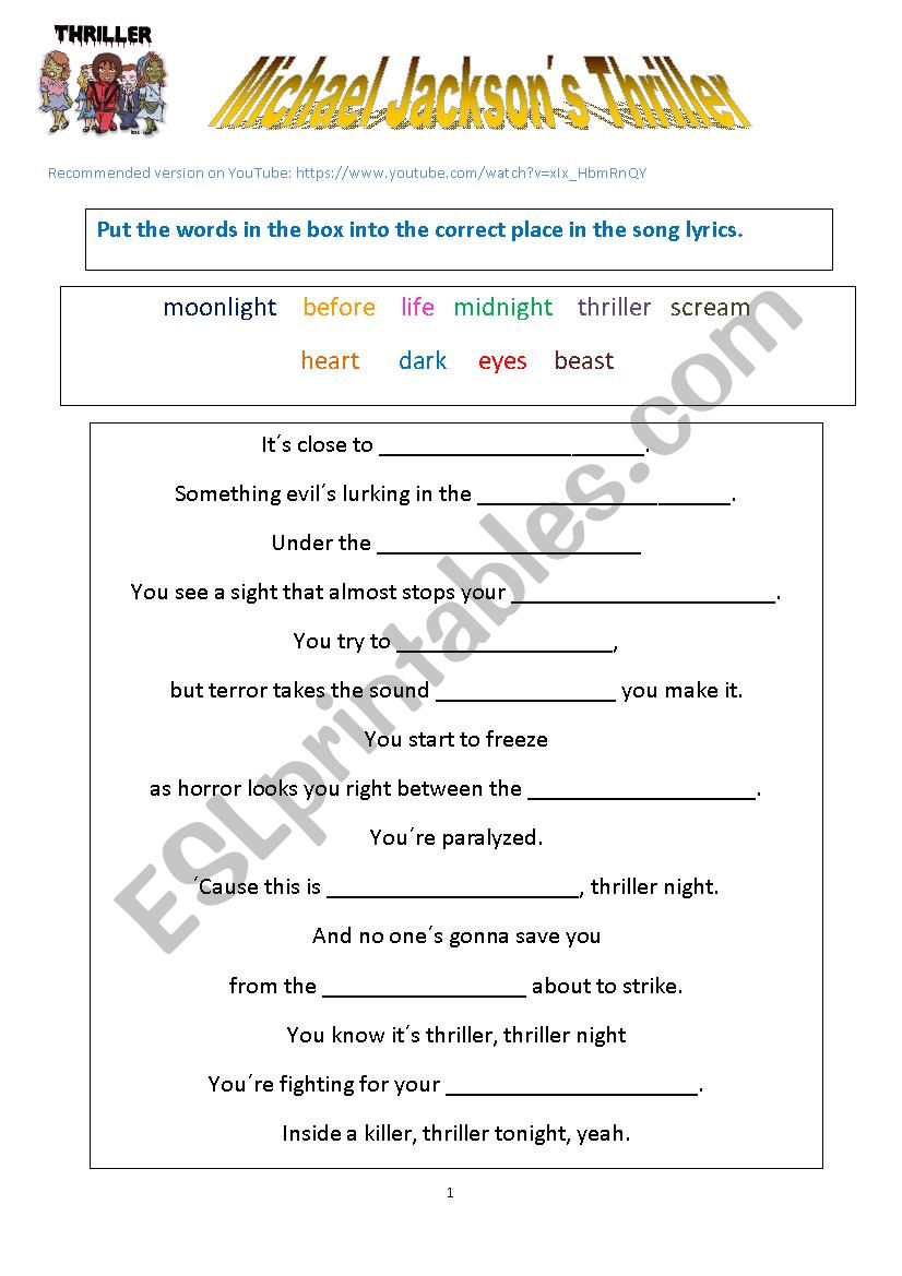 Michael Jackson´s Thriller: Gap Fill Sentence Worksheet - ESL worksheet ...