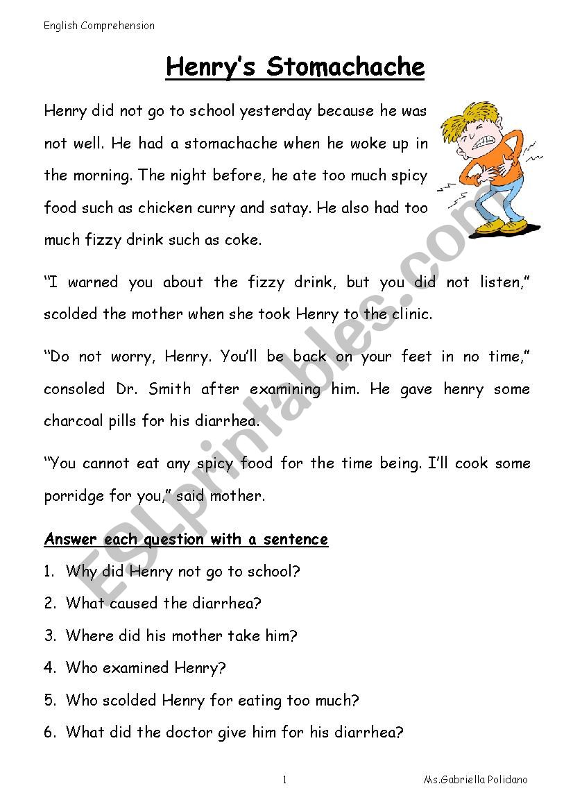 COMPREHENSION: Henry’s Stomachache - ESL worksheet by GabbyM
