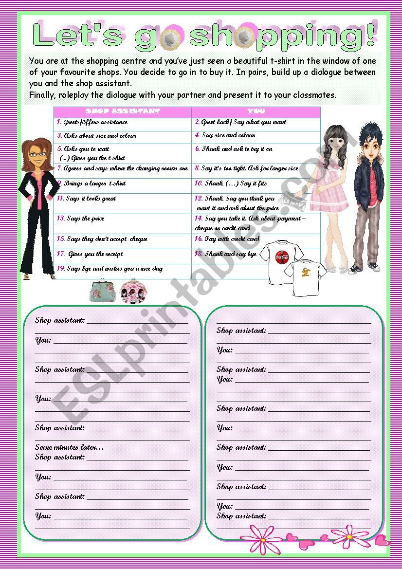 LETÂ´S GO SHOPPING! - Dialogue building - ESL worksheet by spyworld