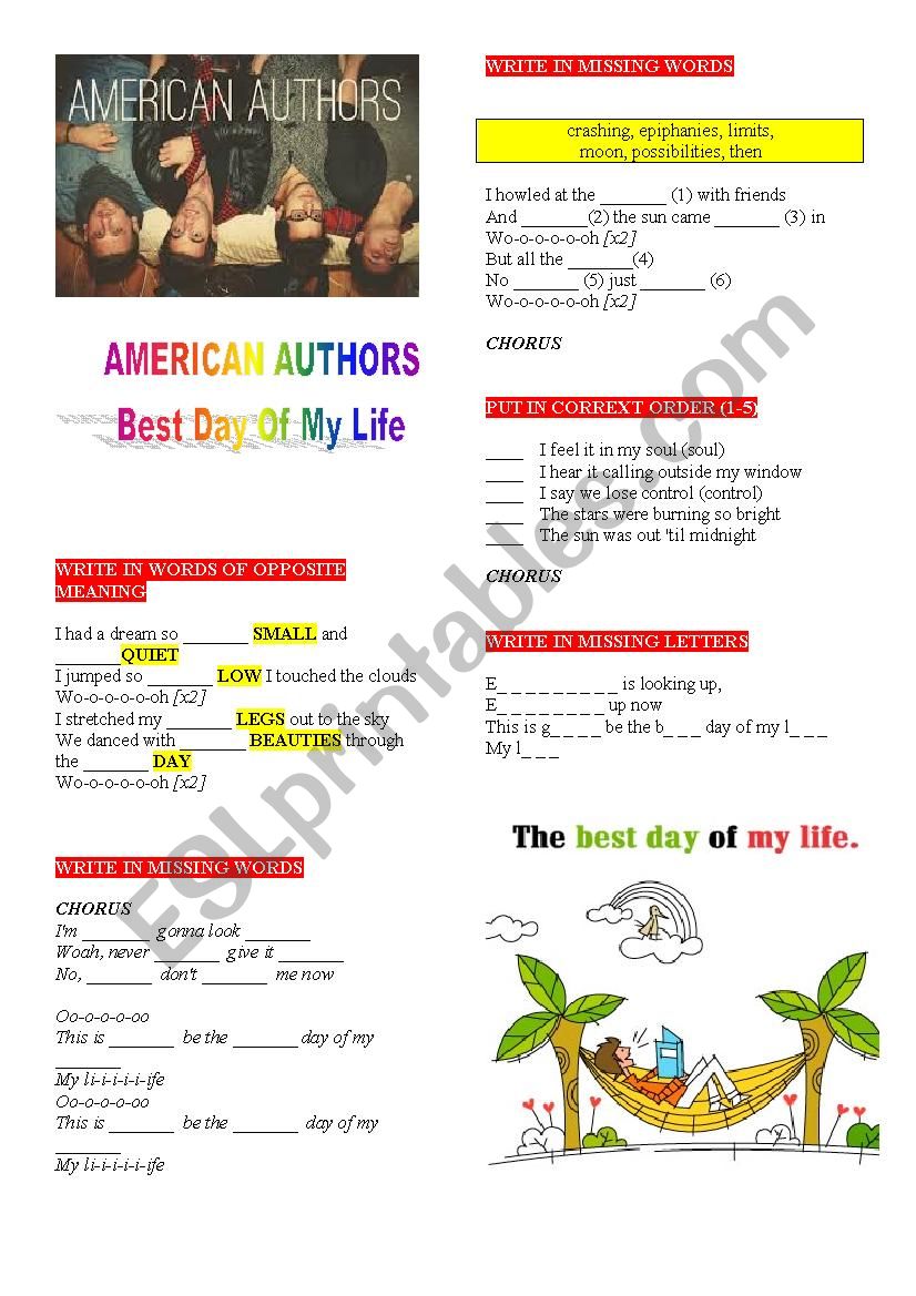 ´Best day of my life´ American Writers´ - ESL worksheet by pawag