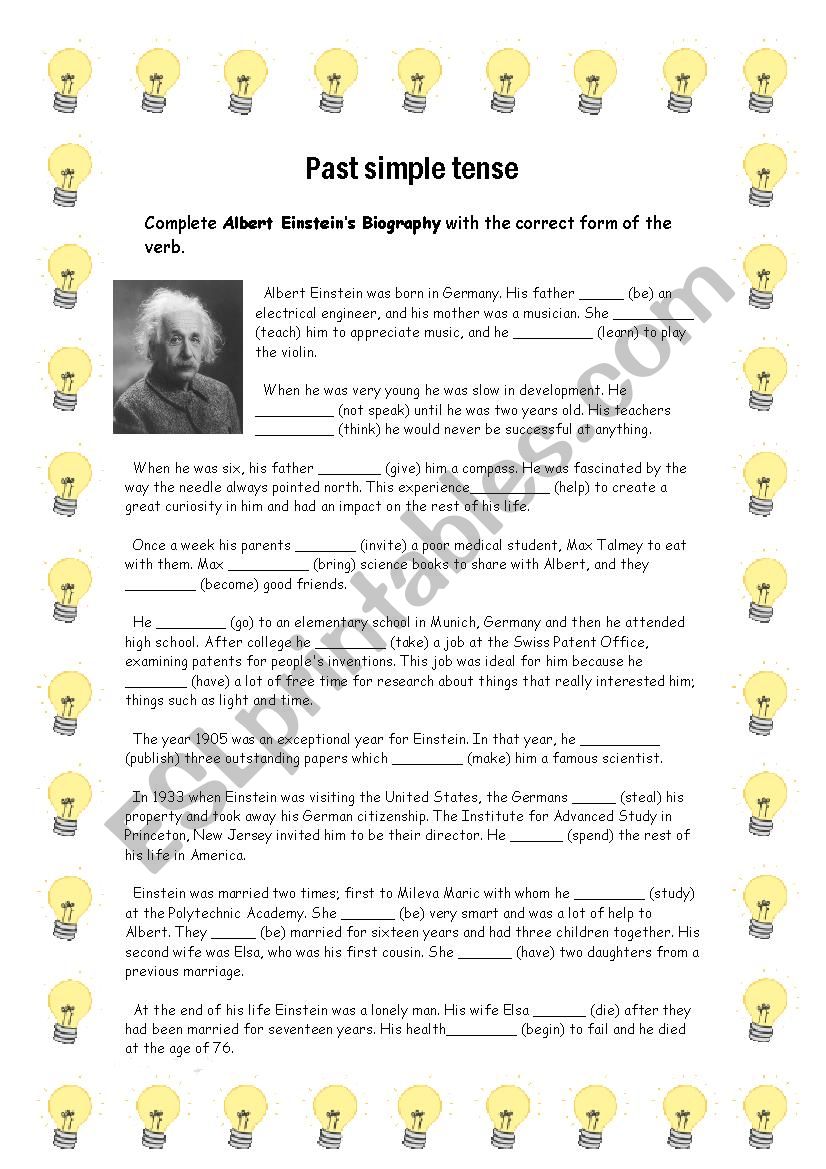 Past Simple Tense. Albert Einstein´s Biography - ESL worksheet by ...