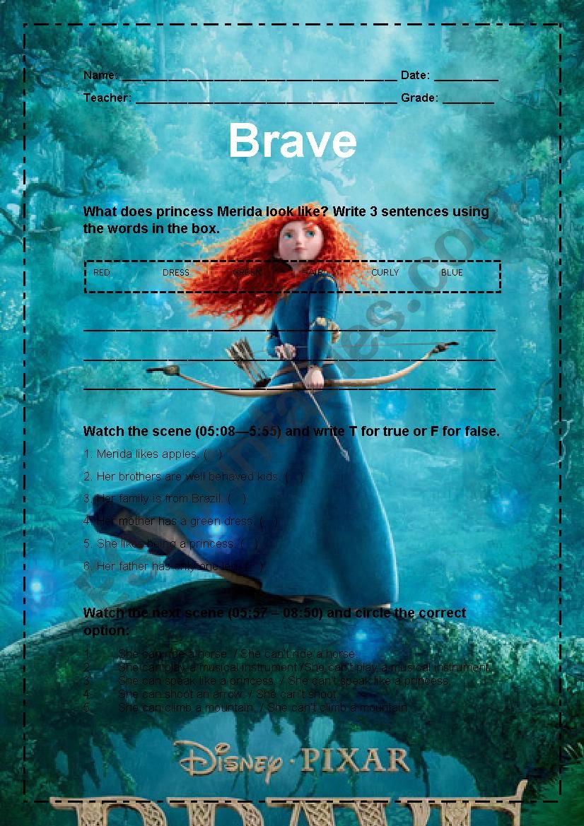 Brave - Movie Activity - Description and Can/Can´t - ESL worksheet by ...