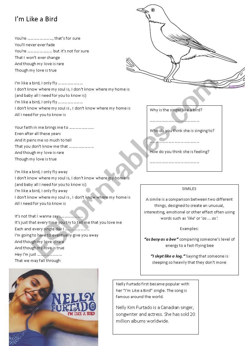Nelly Furtado I´m Like a Bird worksheet - ESL worksheet by bronbron