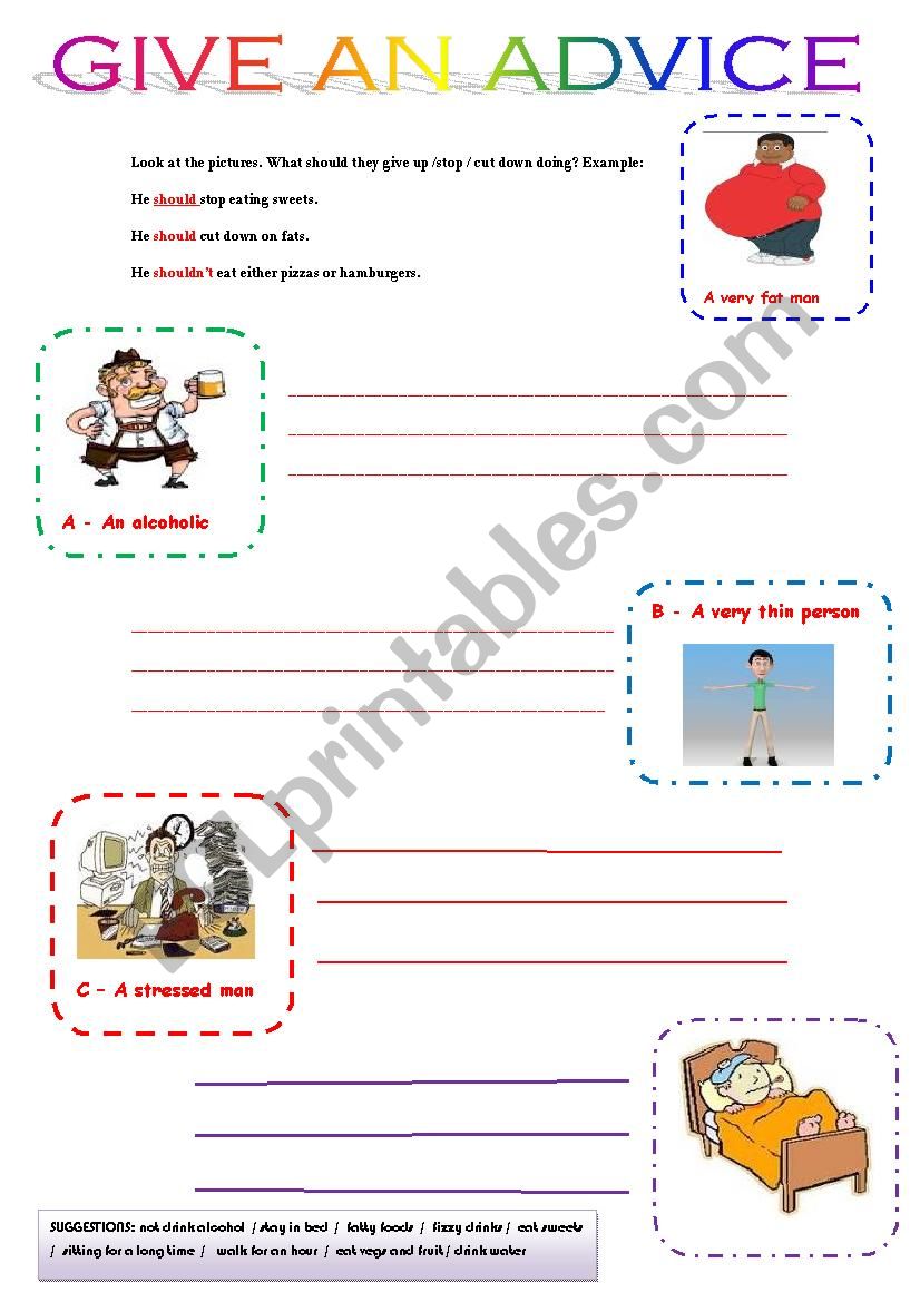 GIVING ADVICE - USE SHOULD vs SHOULDN´T - ESL worksheet by ascincoquinas GIVING ADVICE - USE SHOULD vs SHOULDN´T - ESL worksheet by ascincoquinas