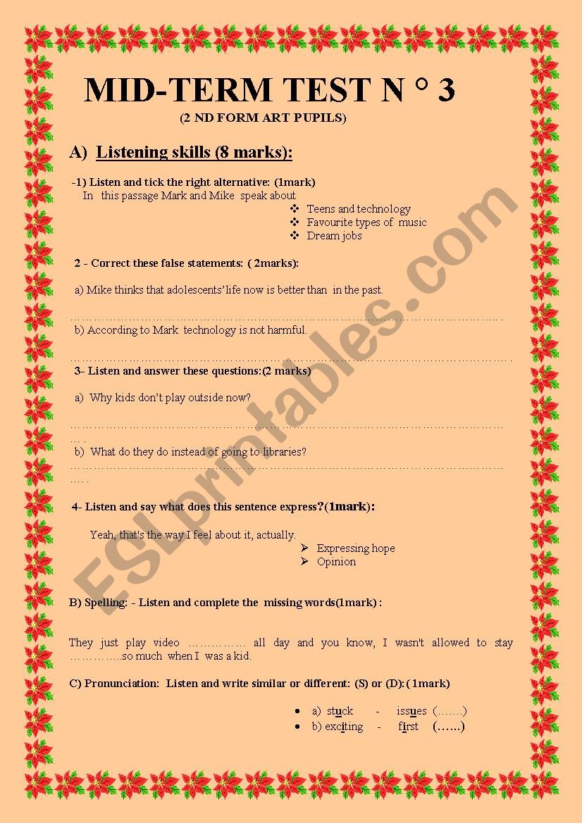 Mid-TERM TEST N°3 - ESL worksheet by Nada 2005