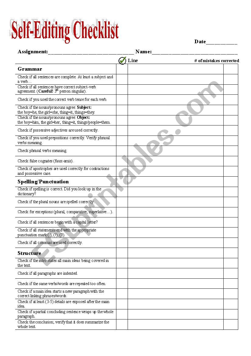 Self Editing Worksheet High School