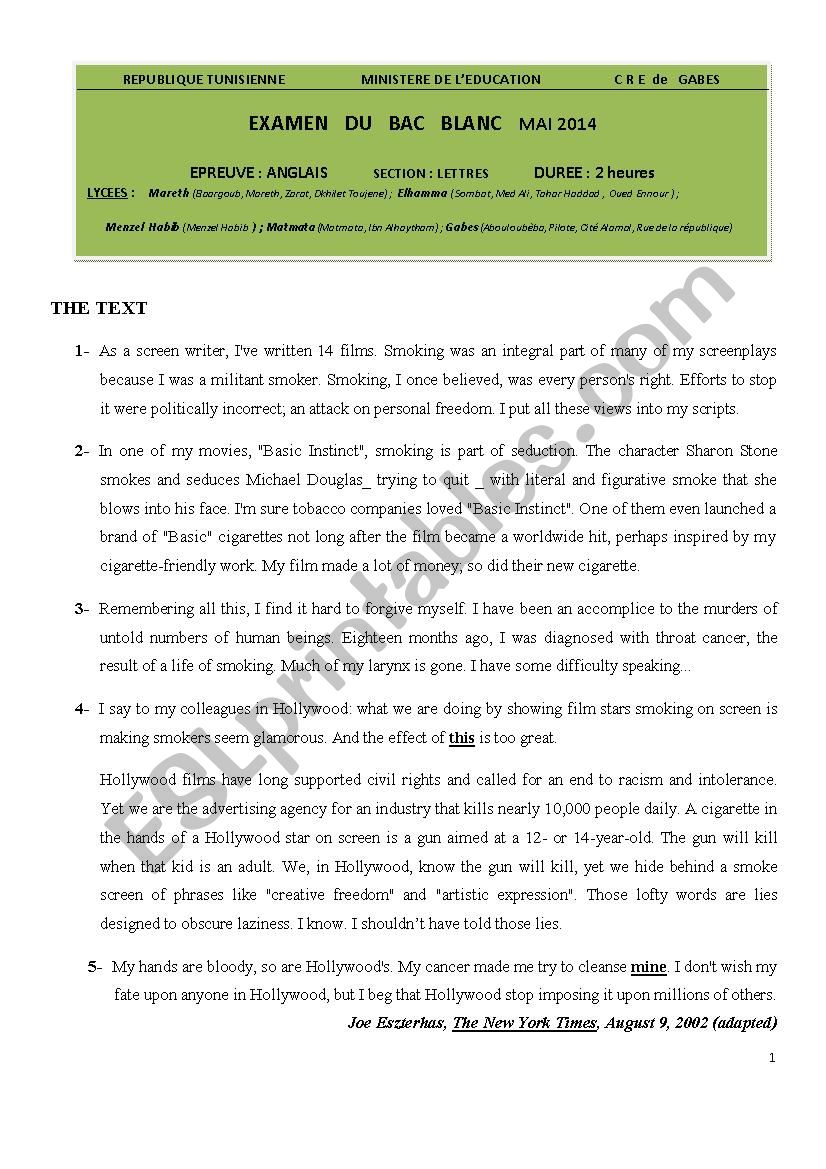 Bac Exam : mock test May 2014 with correction (2°) - ESL worksheet by ...
