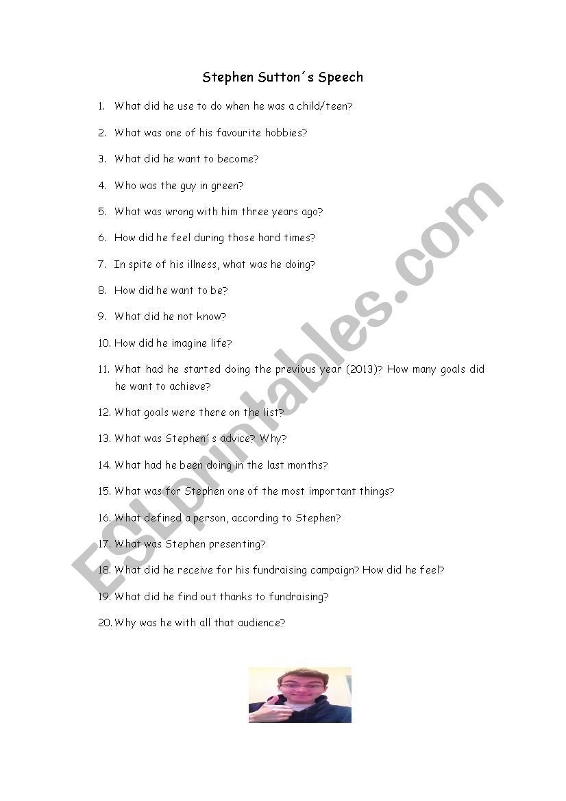 Stephen Sutton´s Speech - ESL worksheet by isingles