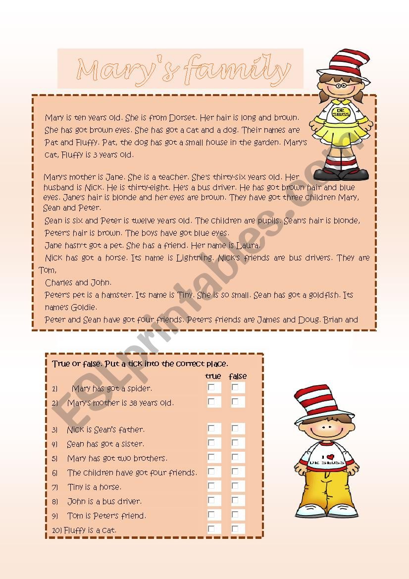 Mary´s family reading comprehension - ESL worksheet by marina86