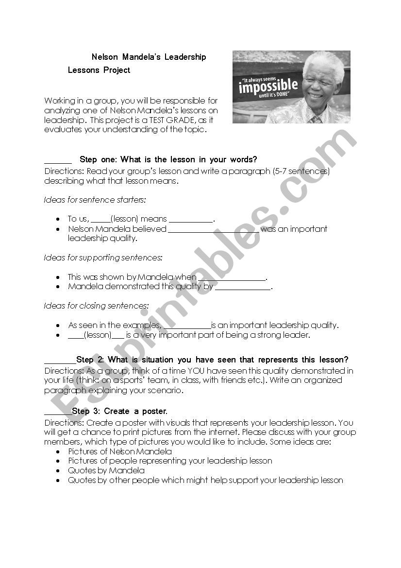 Nelson Mandela´s Leadership Lessons - ESL worksheet by vness474