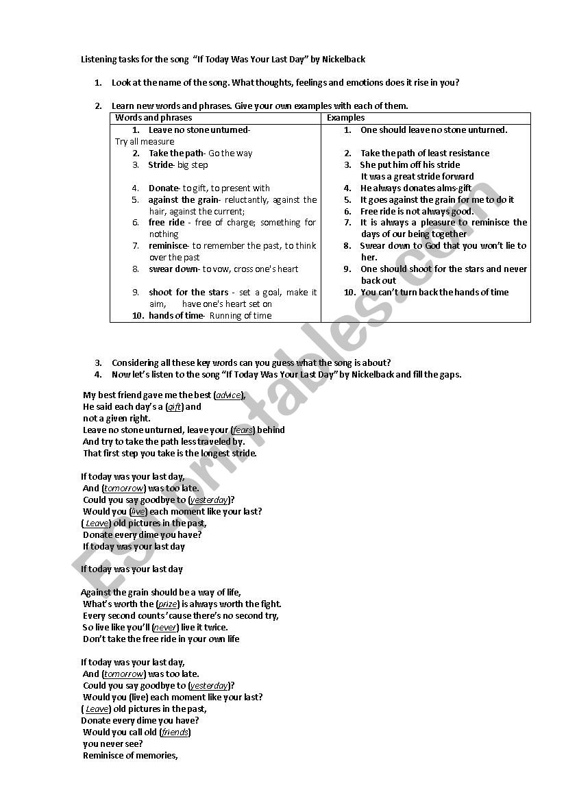 Listening tasks for the song “If Today Was Your Last Day” by Nickelback ...