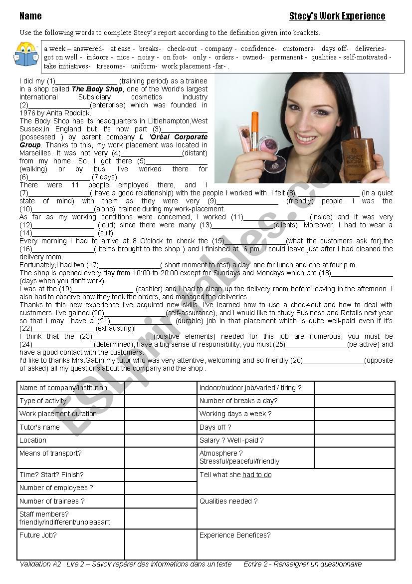 Stecy´s work placement - ESL worksheet by sanlamb