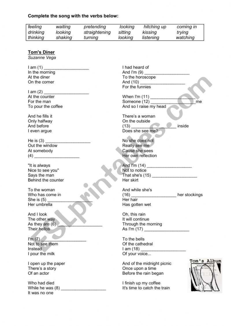 Song Activity - TomÂ´s Diner - ESL worksheet by Patzilio