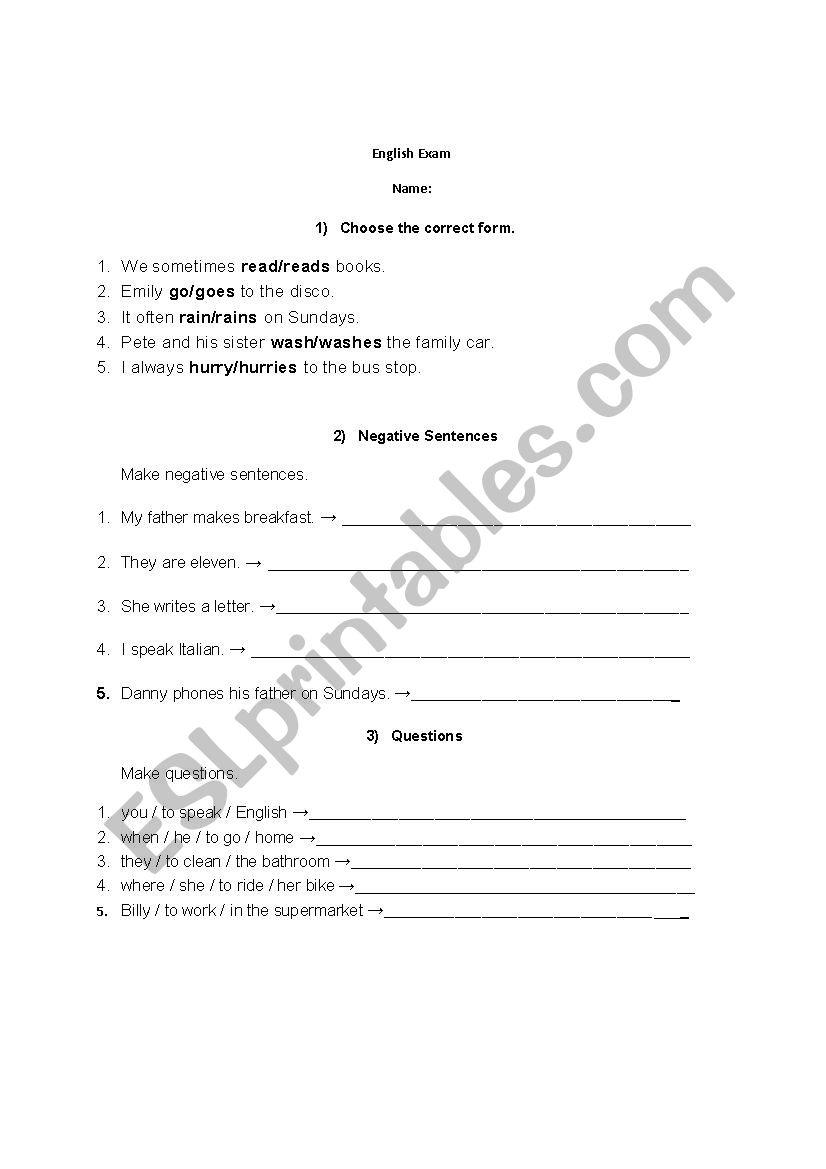 English exam - simple present / present continuous - ESL worksheet by ...