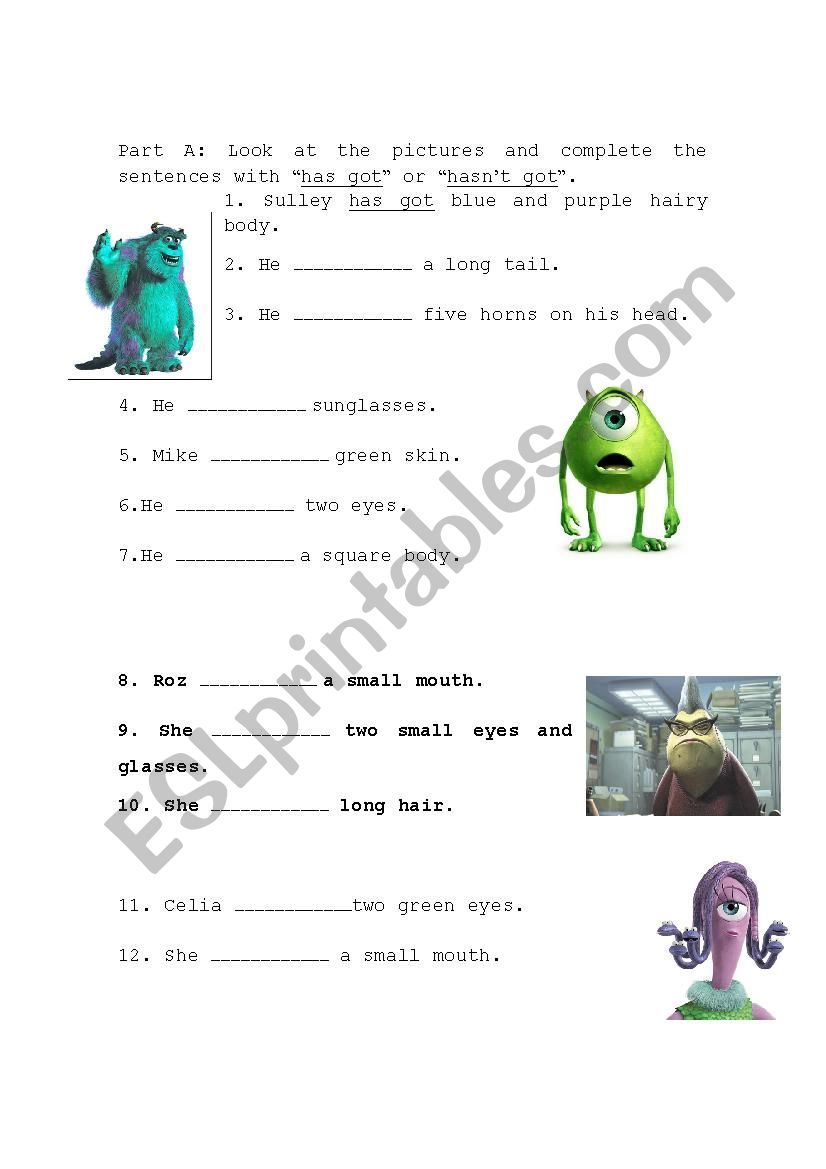 Monsters Inc. "has got" - "hasn´t got" - ESL worksheet by ginnilicious